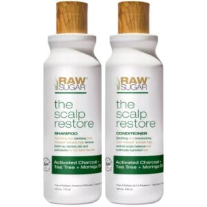 Raw Sugar The Cold Pressed Shampoo and Conditioner Set - Activated Charcoal, Tea Tree, and Moringa Oil. Balances Scalp, Removes Build-Up and Pollutants. 18 Fl Oz Bottles.