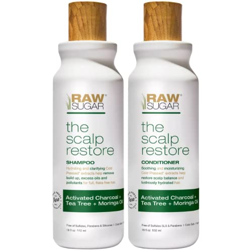 Raw Sugar The Cold Pressed Shampoo and Conditioner Set - Activated Charcoal, Tea Tree, and Moringa Oil. Balances Scalp, Removes Build-Up and Pollutants. 18 Fl Oz Bottles.