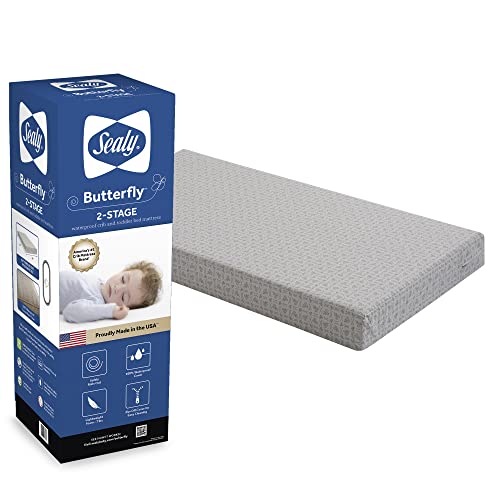 Sealy Butterfly 2-Stage Dual Firm Antibacterial Foam Baby Crib Mattress & Toddler Bed Mattress, Hypoallergenic Waterproof Memory Foam Crib Mattress, GREENGUARD GOLD Certified,Made in USA,52"x28",White