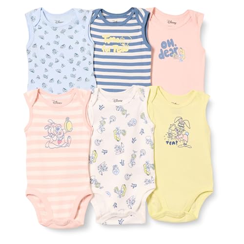 Amazon Essentials Disney | Marvel | Star Wars | Princess Baby Girls' Sleeveless Bodysuits, Pack of 6, Alice Tea Party, 24 Months