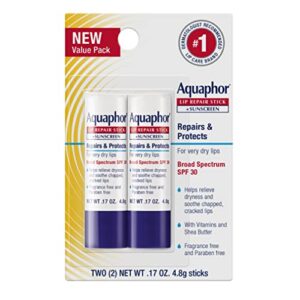 Aquaphor Lip Repair Lip Balm Set, Lip Repair Stick, 0.17 Oz (Pack of 2) + Lip Repair and Protect Stick, Lip Balm with Sunscreen SPF 30, 0.17 Oz (Pack of 2), Holiday Gifts for Self Care