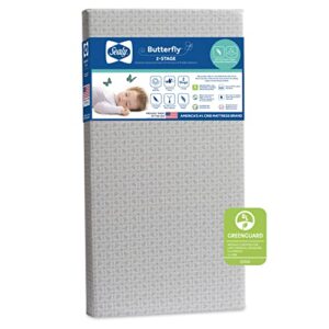 sealy butterfly 2-stage dual firm antibacterial foam baby crib mattress & toddler bed mattress, hypoallergenic waterproof memory foam crib mattress, greenguard gold certified,made in usa,52"x28",white