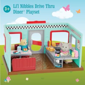 Li'l Woodzeez – Li'l Nibbles Drive Thru Diner – 40Pcs Dollhouse Playset – 2 Posable Doll Figures & 1 Storybook Included – Miniature Food & Accessories – Stackable Playset for Kids 3+