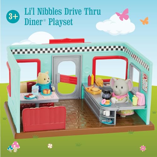 Li'l Woodzeez – Li'l Nibbles Drive Thru Diner – 40Pcs Dollhouse Playset – 2 Posable Doll Figures & 1 Storybook Included – Miniature Food & Accessories – Stackable Playset for Kids 3+