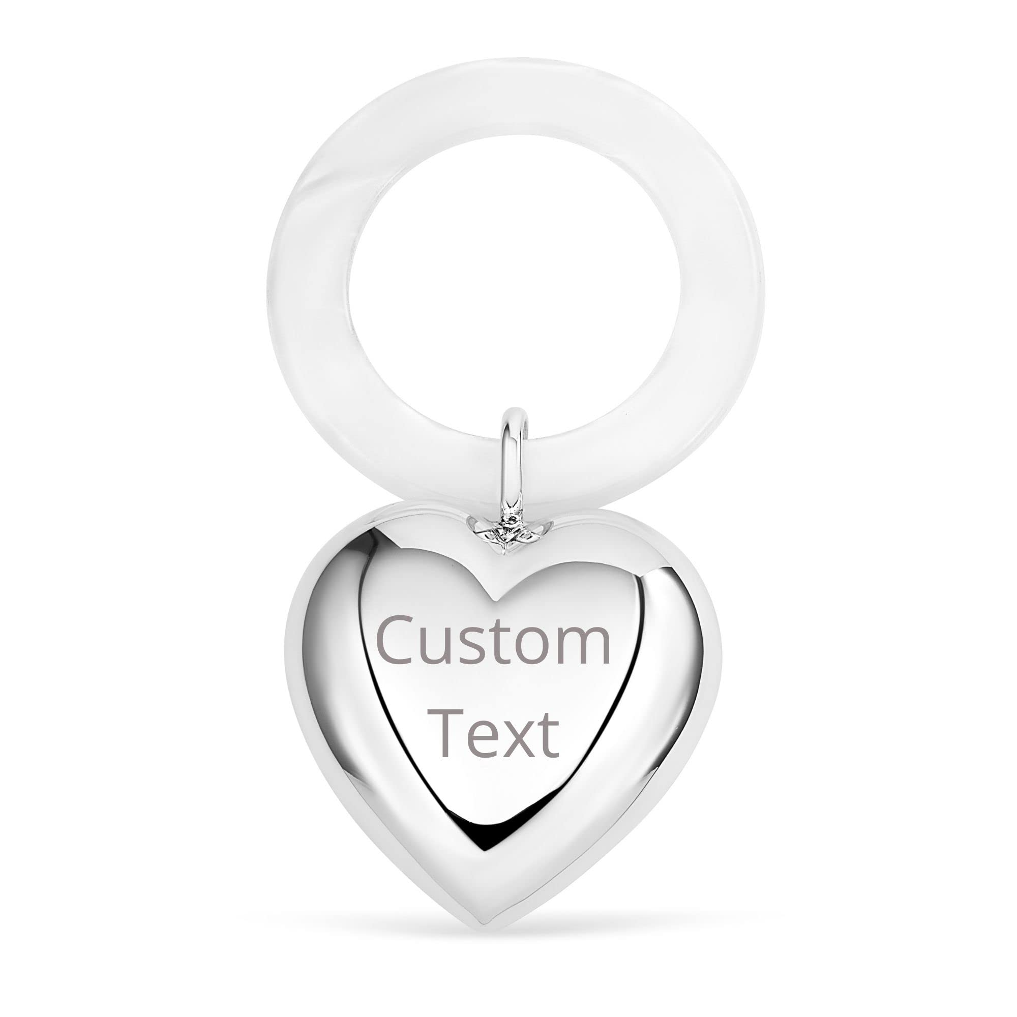 Custom Engraved Sterling Silver Baby Rattle Teether Heart Simulated Mother of Pearl Ring Keepsake