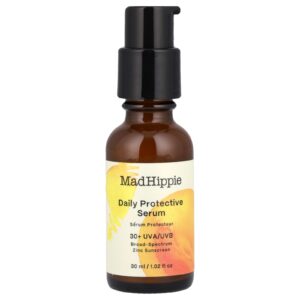 mad hippie daily protective serum, 30 spf moisturizer & mineral sunscreen for face, zinc oxide mineral face sunscreen, sun skin care, water resistant, reef safe, 1.02 oz