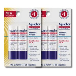 aquaphor lip repair stick with sunscreen, lip protectant, soothes dry chapped lips, 0.17 oz stick, 2 count (pack of 2)