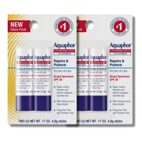 Aquaphor Lip Repair Stick with Sunscreen, Lip Protectant, Soothes Dry Chapped Lips, 0.17 Oz Stick, 2 Count (Pack of 2)