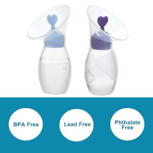 Amplim 2X Food Grade Silicone Breast Pumps 4oz/100ml | Manual Breast Pump Milk Collector with Breastfeeding Milk Saver Stopper | FSA HSA | BPA PVC Lead and Phthalate Free | Blue Purple