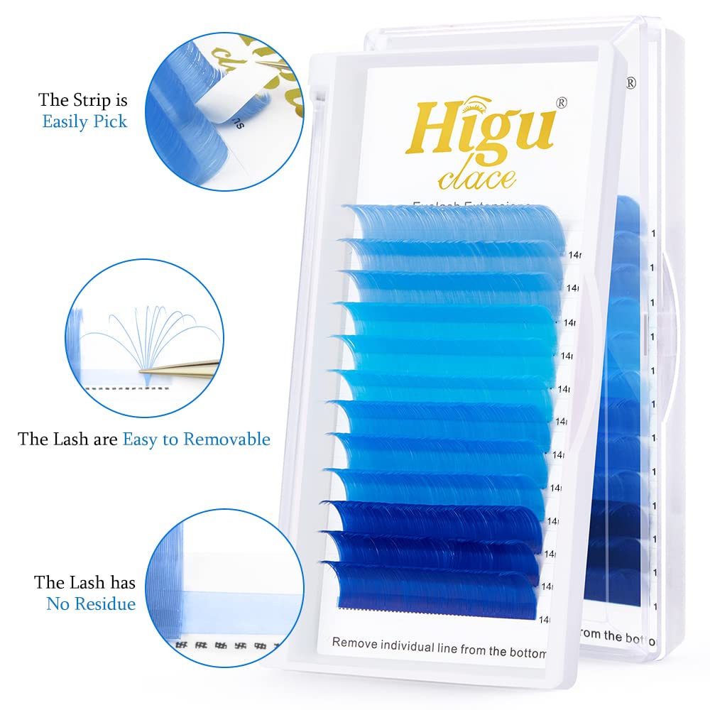 Colored Lash Extensions 0.07 D Durl 14mm Ombre Blue Lash Extensions 14mm-16mm Easy Fan Volume Lash Extensions C/D Curl Color Lashes Extension Ombre Colored Lashes Extensions (Blue 0.07D 14)