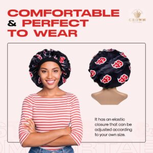 Red Black Cloud Large Bonnet - Silky Design Satin Bonnet With Elastic Soft Bands (Black Red Cloud Bonnet)