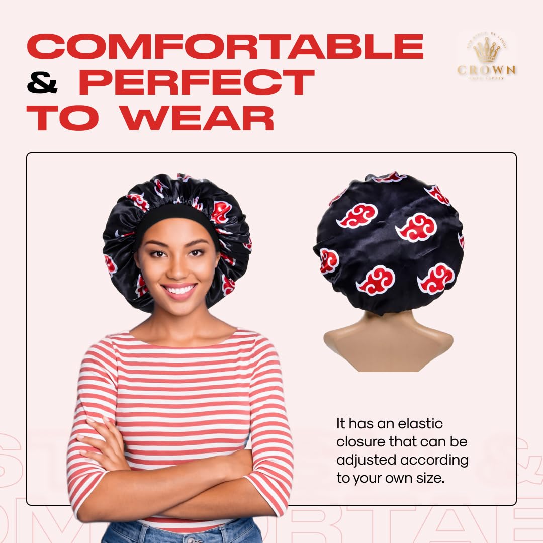 Red Black Cloud Large Bonnet - Silky Design Satin Bonnet With Elastic Soft Bands (Black Red Cloud Bonnet)