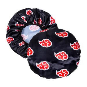 red black cloud large bonnet - silky design satin bonnet with elastic soft bands (black red cloud bonnet)