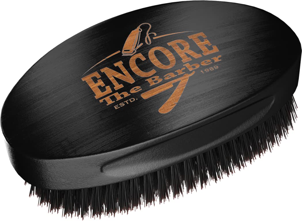 Encore The Barber 360 Wave Brush medium boar bristle | curved palm for men hair (Black)