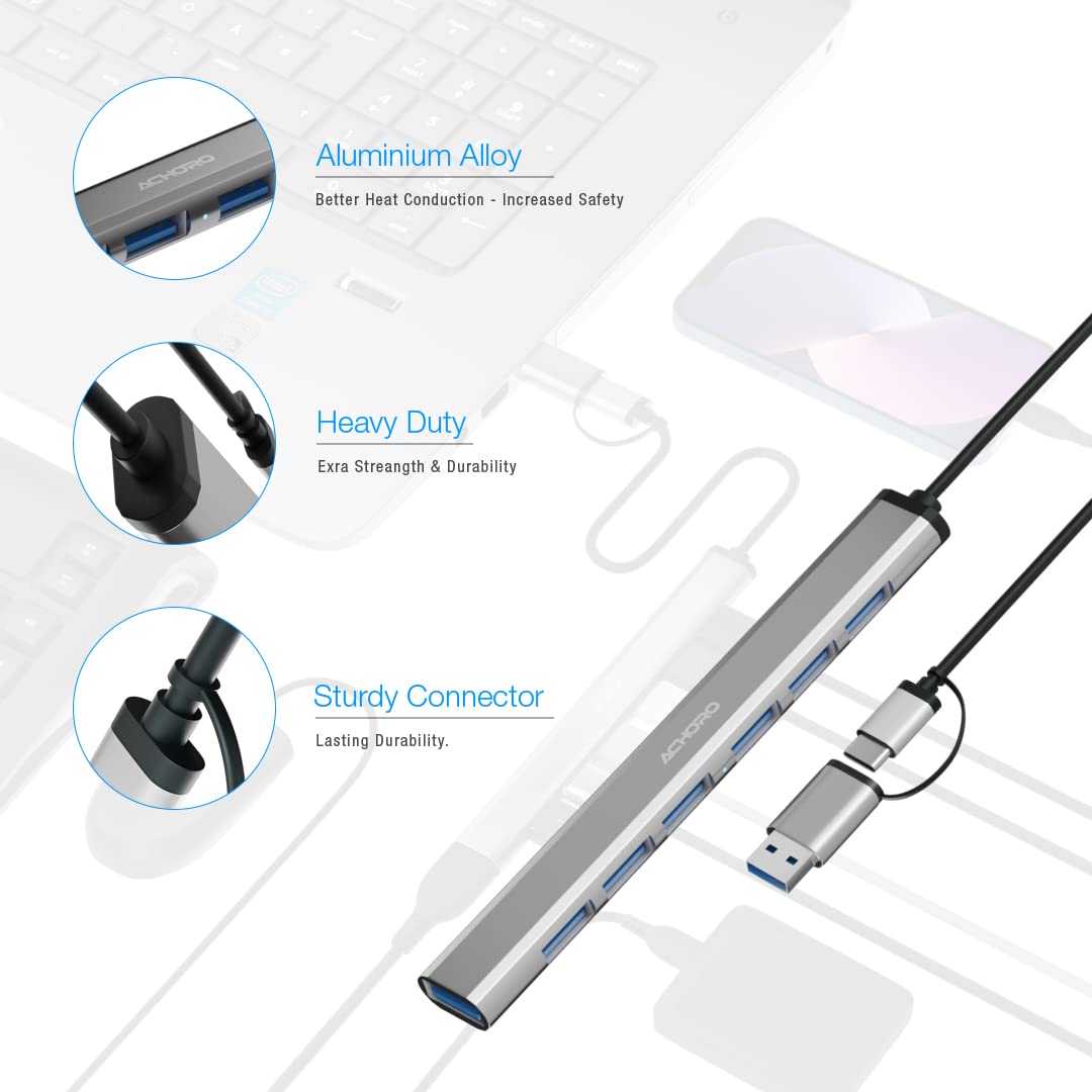 ACHORO 7 USB Hub – Built in USB A Port & USB C to USB Adapter Multiple USB Port for PC, Mac,MacBook Pro, iMac & Desktop - Aluminium Alloy Portable Extra USB Port & Mini USB Hub (7 Ports)