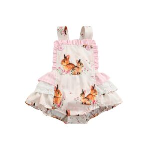 boibokoko infant baby girl easter outfits sleeveless bunny floral print romper ruffle halter jumpsuit bodysuit easter clothing (1#beige, 0-6 months)