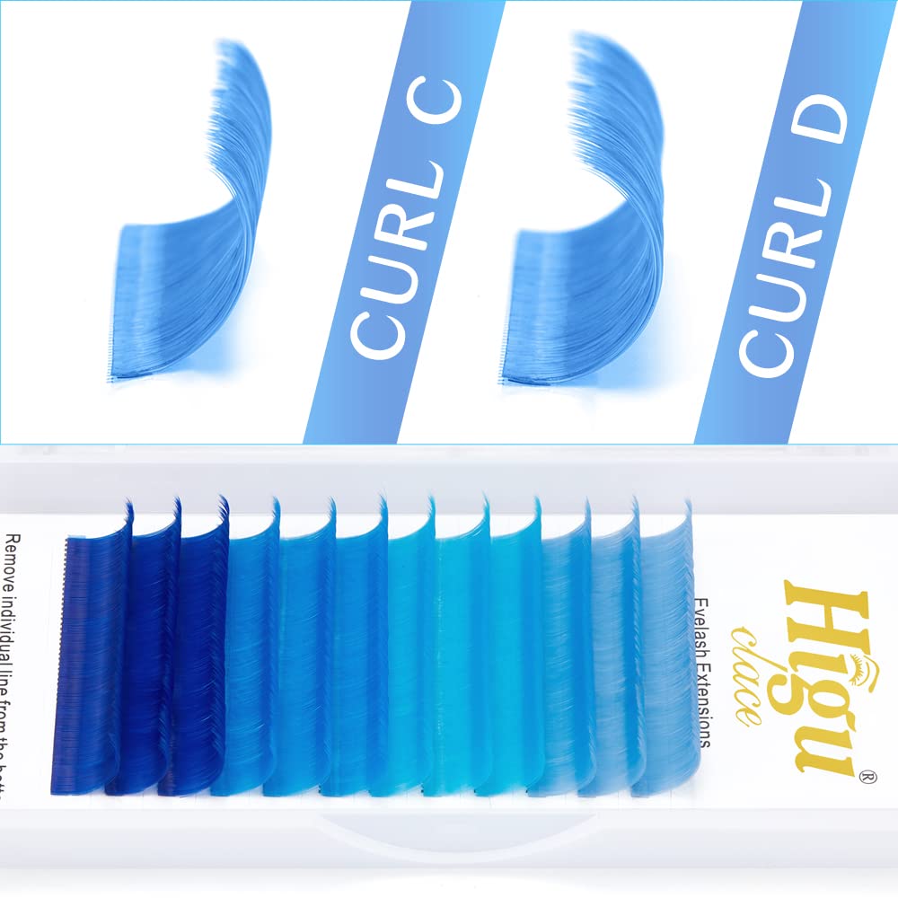 Colored Lash Extensions 0.07 D Durl 14mm Ombre Blue Lash Extensions 14mm-16mm Easy Fan Volume Lash Extensions C/D Curl Color Lashes Extension Ombre Colored Lashes Extensions (Blue 0.07D 14)