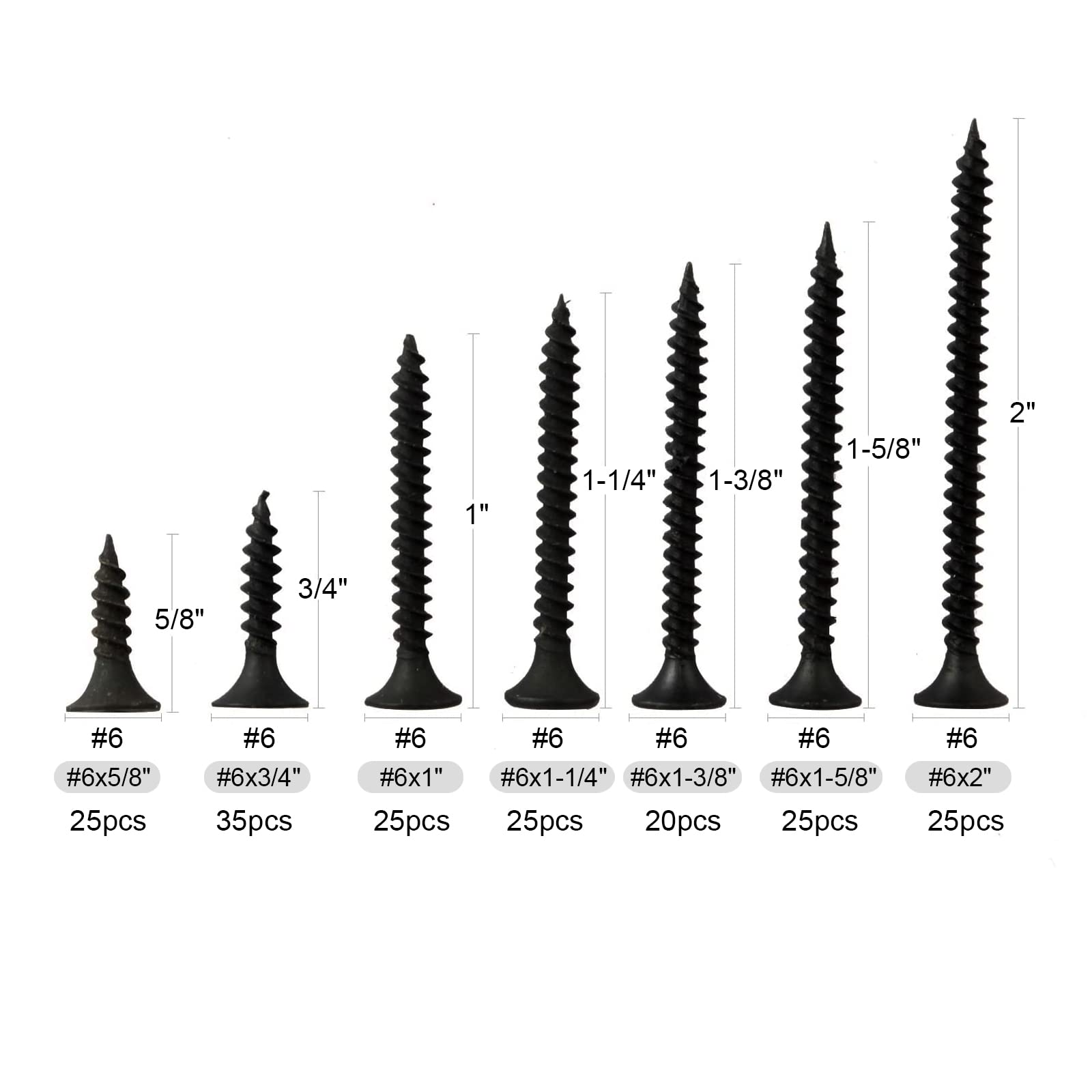 FASTENER TREE #6 Drywall Screws Assortment Kit, Fine Thread Bugle Head Black Screws Self Tapping Screws for Wood, Soft Metal, Drywall 180Pcs