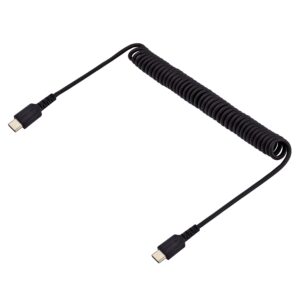 StarTech.com 3ft (1m) USB C Charging Cable, Coiled Heavy Duty Fast Charge & Sync USB-C Cable, USB 2.0 Type-C Cable, Rugged Aramid Fiber, Durable Male to Male USB Cable, Black (R2CCC-1M-USB-CABLE)