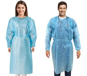 medical nation 100 pack disposable isolation gowns - blue level 2 sms non-woven material - ppe gowns disposable for dental, medical use, fluid-resistant and latex-free gowns, universal size