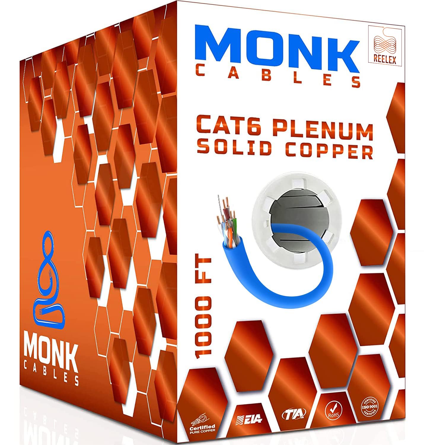 MONK CABLES | CAT6 Plenum Cable 1000ft | 100% Pure Copper | UTP, 23AWG, 550MHz | DSX-8000 Certified | Most Certified Cable of The Whole Market (Blue)