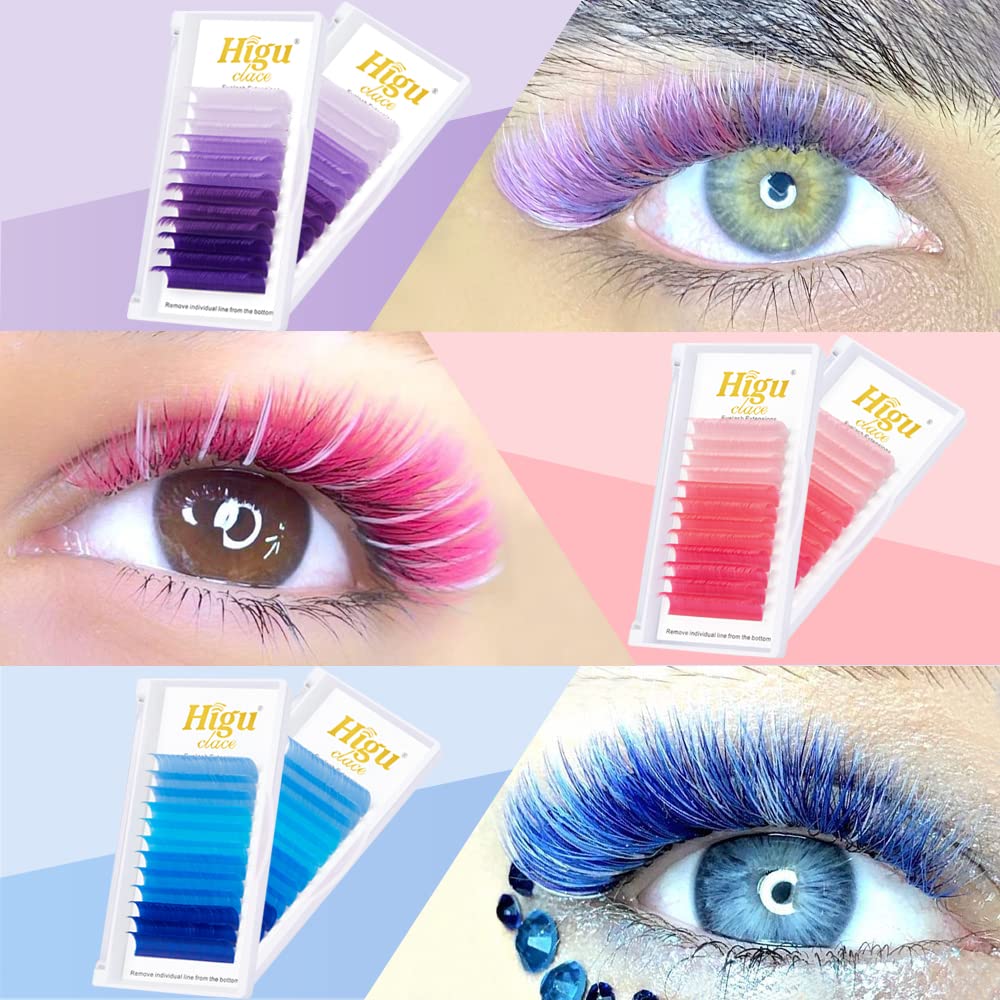 Colored Lash Extensions 0.07 D Durl 14mm Ombre Blue Lash Extensions 14mm-16mm Easy Fan Volume Lash Extensions C/D Curl Color Lashes Extension Ombre Colored Lashes Extensions (Blue 0.07D 14)