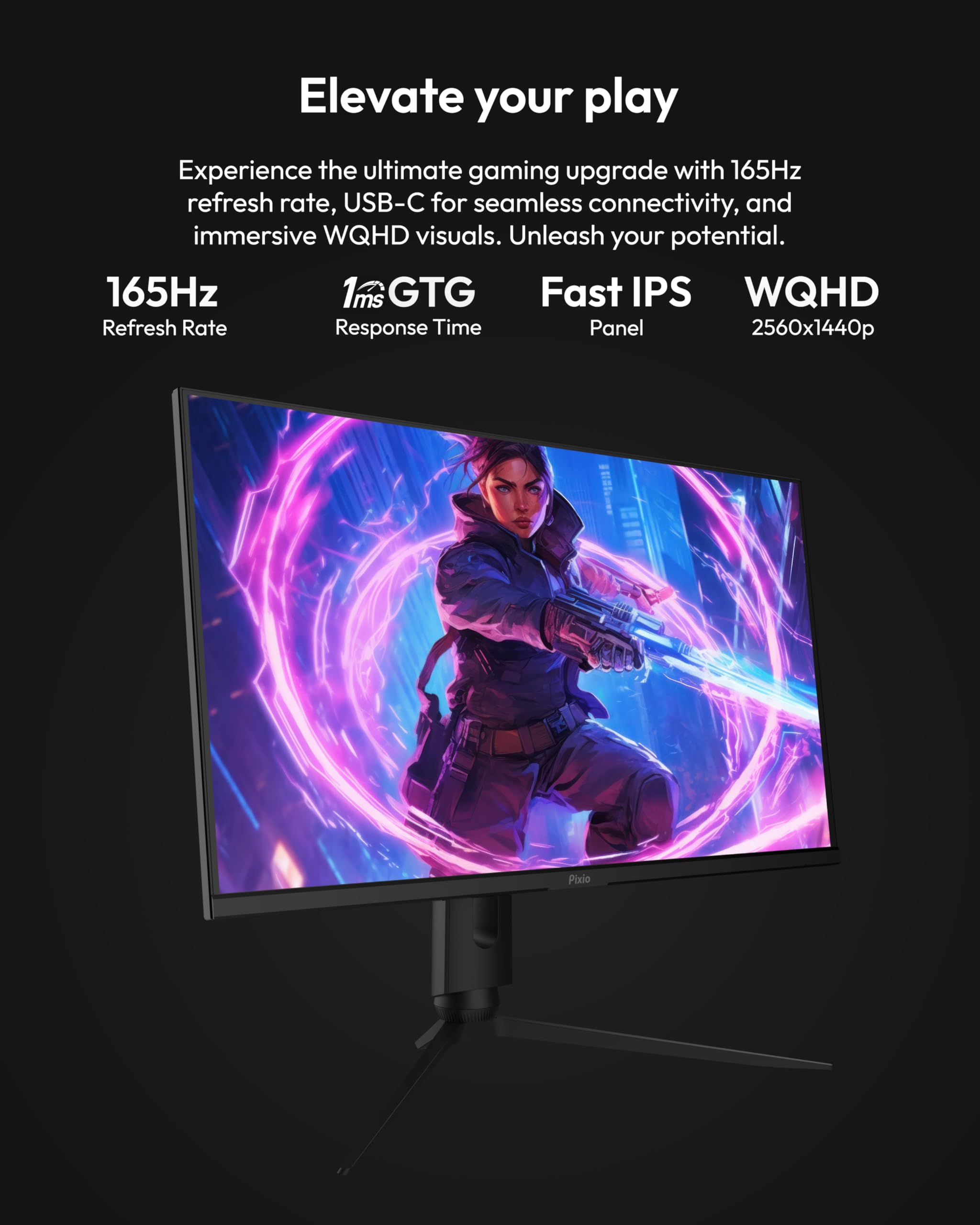 Pixio PX277 PRO 27 inch 165Hz Refresh Rate WQHD 1440p Resolution Fast IPS Panel 1ms GTG Response Time USB Type C Display Port and 65W Charging Adjustable Stand AMD FreeSync Premium HDR Gaming Monitor