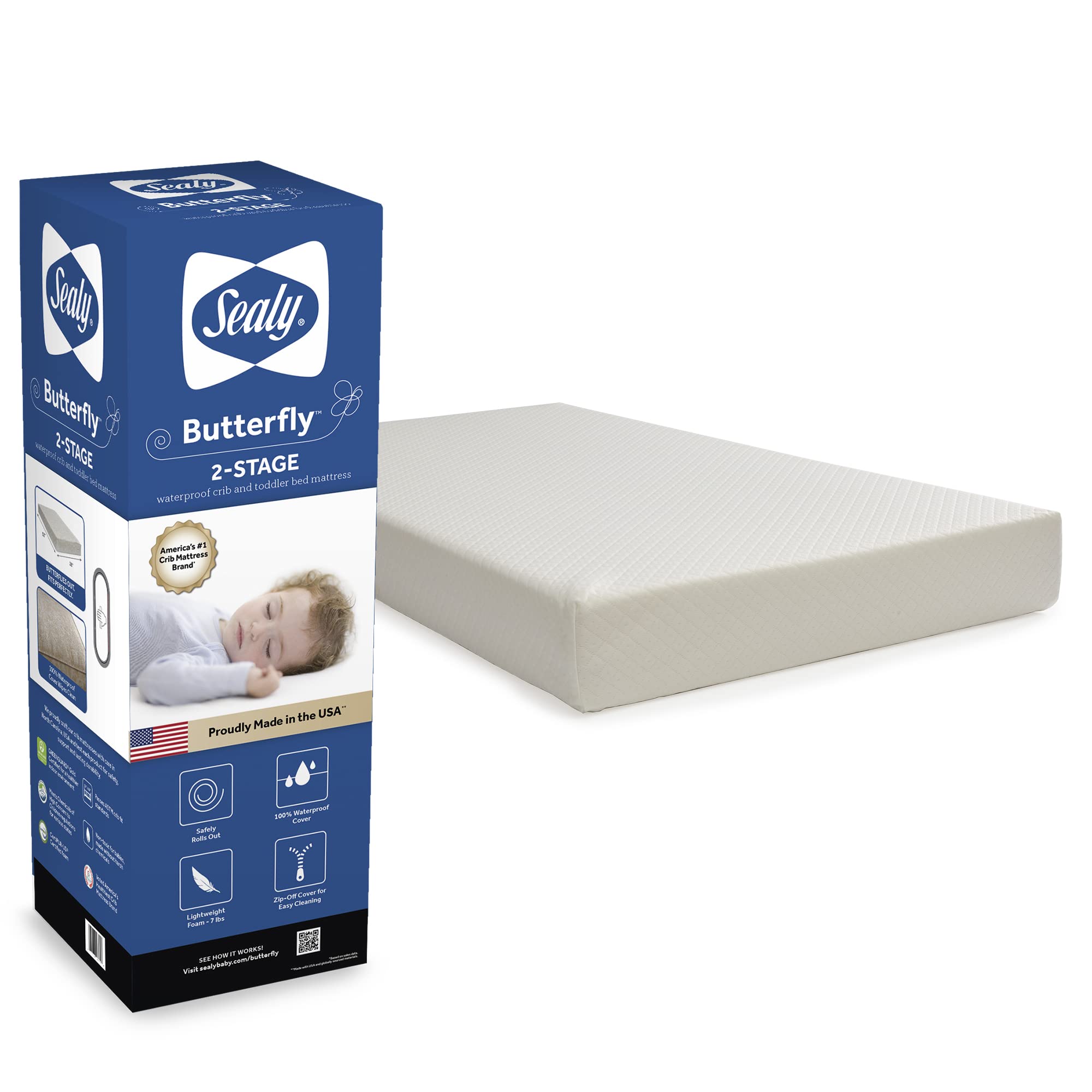 Sealy Baby Butterfly 2-Stage Breathable Waterproof Baby Crib Mattress & Toddler Bed Mattress, Washable Cover, Premium American Foam, GREENGUARD GOLD Certified for Safety, Made in USA, 52"x28"