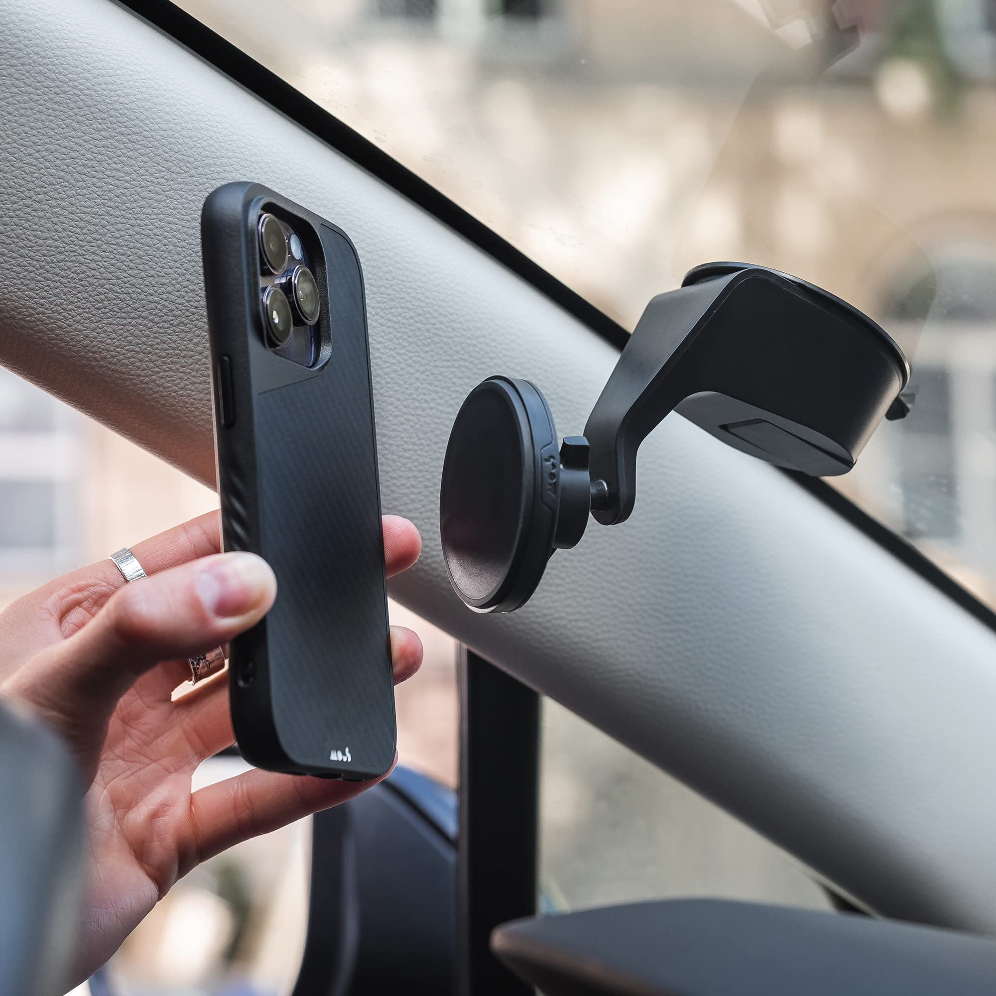 Mous – MagSafe Compatible Car Mount Phone Stand - Phone Suction Mount Compatible with iPhone 15/14/13/12 Series Phones - MagSafe Accessories (2021 Model)