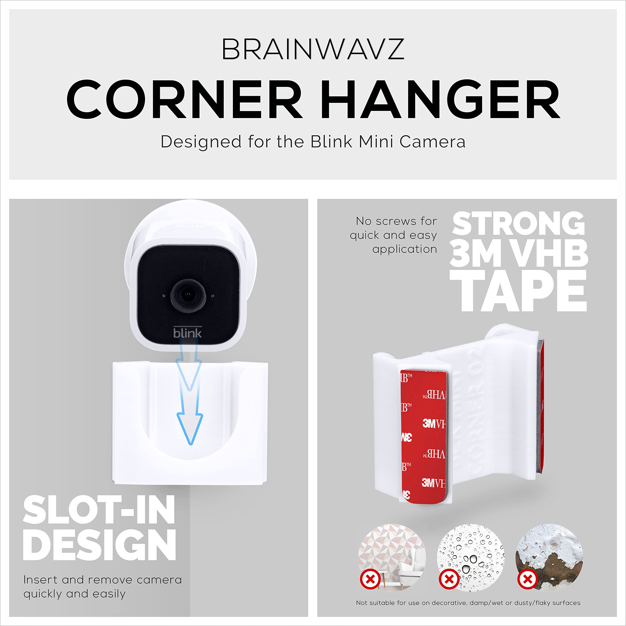 [EOL] Corner Wall Mount for Blink Mini (2 Pack) Security Camera - Adhesive Holder, No Hassle Bracket, Strong 3M VHB Tape, No Screws, No Mess Install (White) by Brainwavz [EOL]