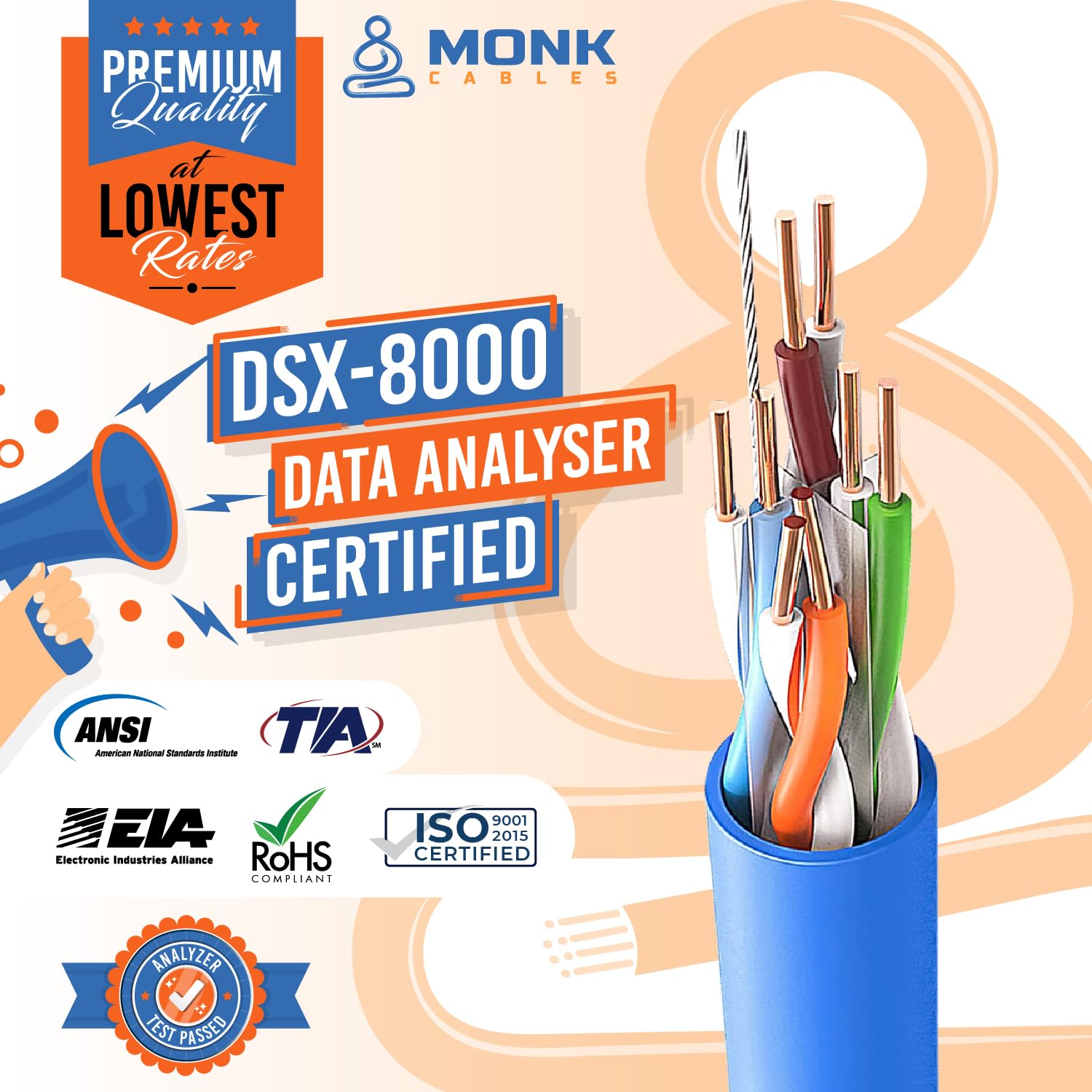 MONK CABLES | CAT6 Plenum Cable 1000ft | 100% Pure Copper | UTP, 23AWG, 550MHz | DSX-8000 Certified | Most Certified Cable of The Whole Market (Blue)