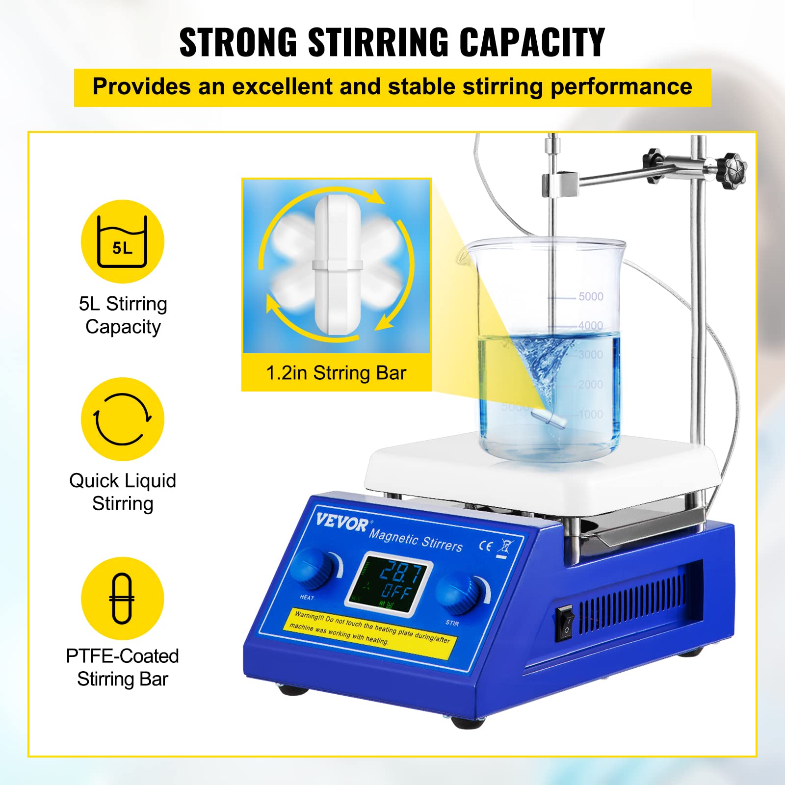 VEVOR Magnetic Stirrer Hot Plate, 5000ml Capacity 320°C/608°F Max Temp Ceramic Coated Lab Stirrer 200-2000RPM Digital Magnetic Stirrer with Support Stand, Temp Probe Sensor and Stirring Bar