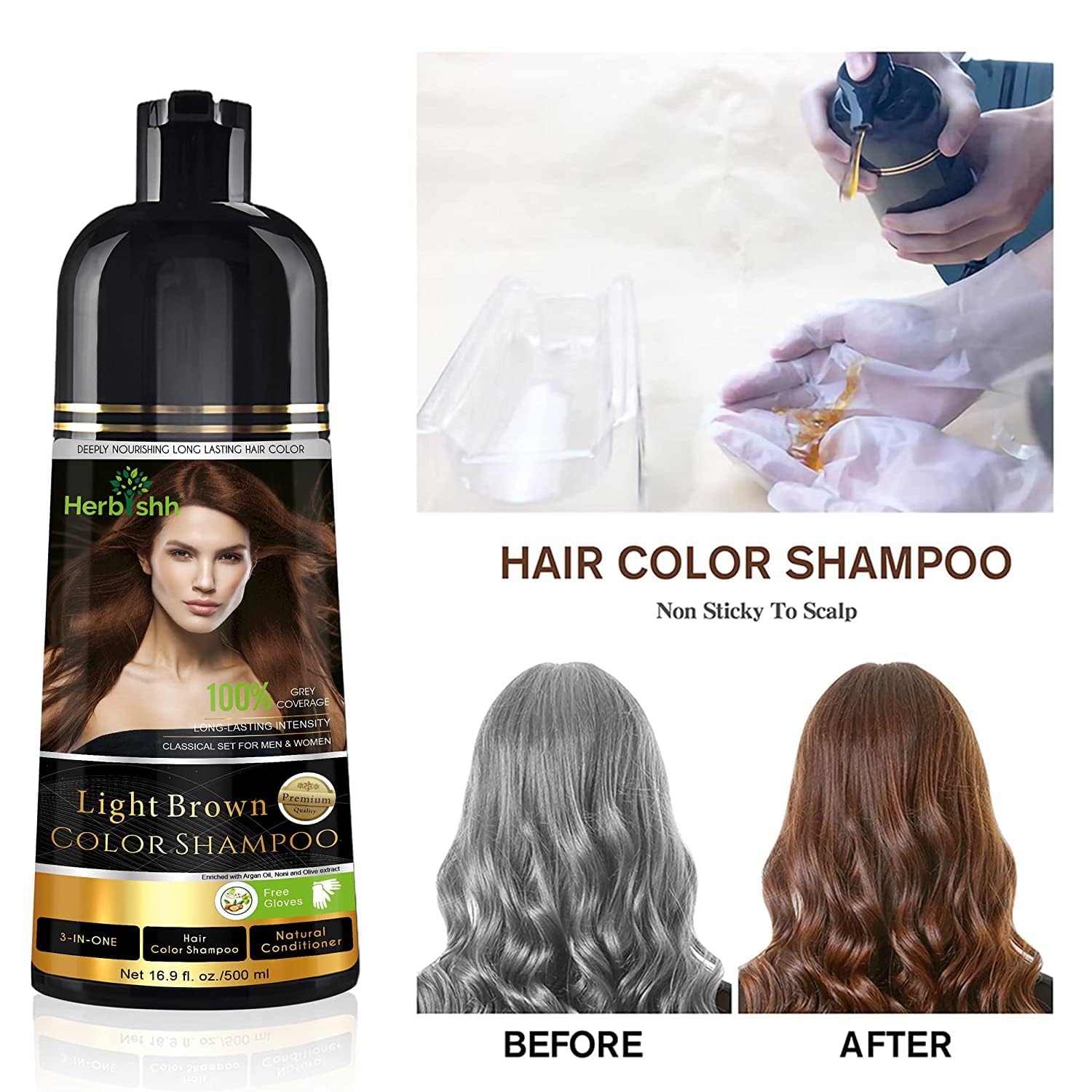 Herbishh After Color Shampoo Combo Contains Hair Color Shampoo Hair Dye 500ml Argan Oil 30ml Pro Keratin And Argan Hair Mask 100gm For Hair Straightening, Shine And Protection (Light Brown)