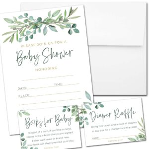 set of 25 baby shower invitations with envelopes, diaper raffle tickets and baby shower book request cards - eucalyptus