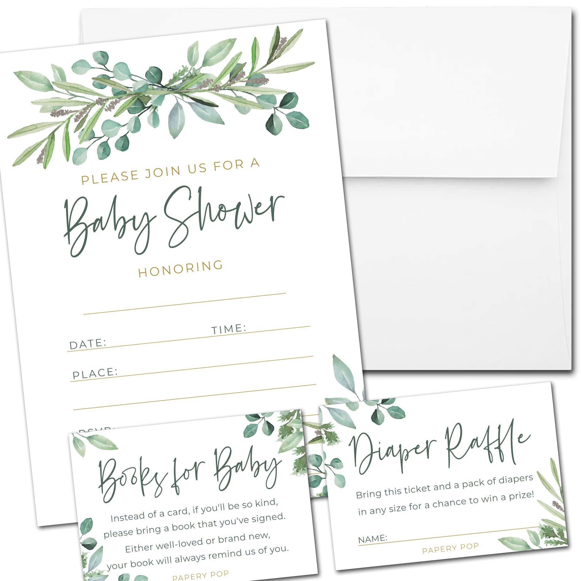 Set of 25 Baby Shower Invitations with Envelopes, Diaper Raffle Tickets and Baby Shower Book Request Cards - Eucalyptus