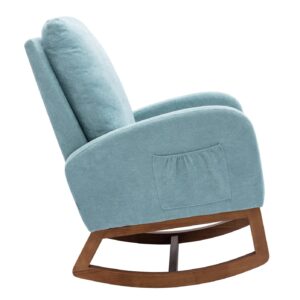 SmartDer Comfy Rocking Chair Nursery, Padded Rocking Chair with A Pocket, Accent Armchair with High Backrest and Solid Wood Base, Modern Lounge Living Room Chair for Nursery, Lake Blue