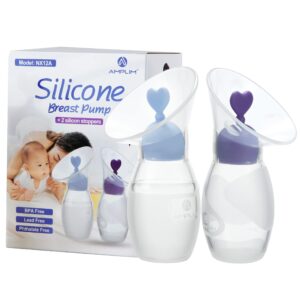 amplim 2x food grade silicone breast pumps 4oz/100ml | manual breast pump milk collector with breastfeeding milk saver stopper | fsa hsa | bpa pvc lead and phthalate free | blue purple