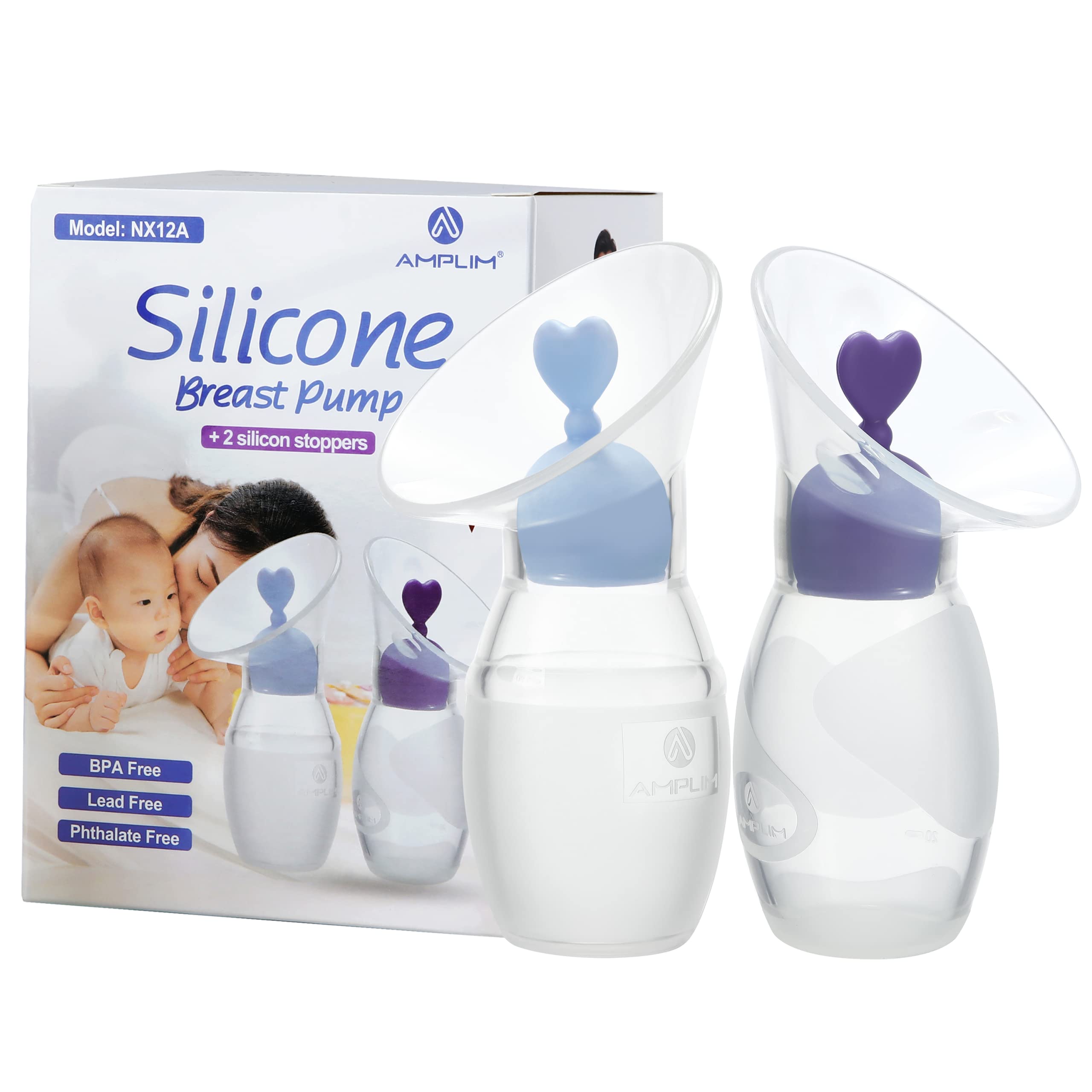 Amplim 2X Food Grade Silicone Breast Pumps 4oz/100ml | Manual Breast Pump Milk Collector with Breastfeeding Milk Saver Stopper | FSA HSA | BPA PVC Lead and Phthalate Free | Blue Purple