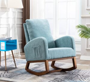 smartder comfy rocking chair nursery, padded rocking chair with a pocket, accent armchair with high backrest and solid wood base, modern lounge living room chair for nursery, lake blue