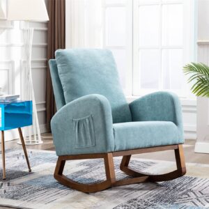 SmartDer Comfy Rocking Chair Nursery, Padded Rocking Chair with A Pocket, Accent Armchair with High Backrest and Solid Wood Base, Modern Lounge Living Room Chair for Nursery, Lake Blue