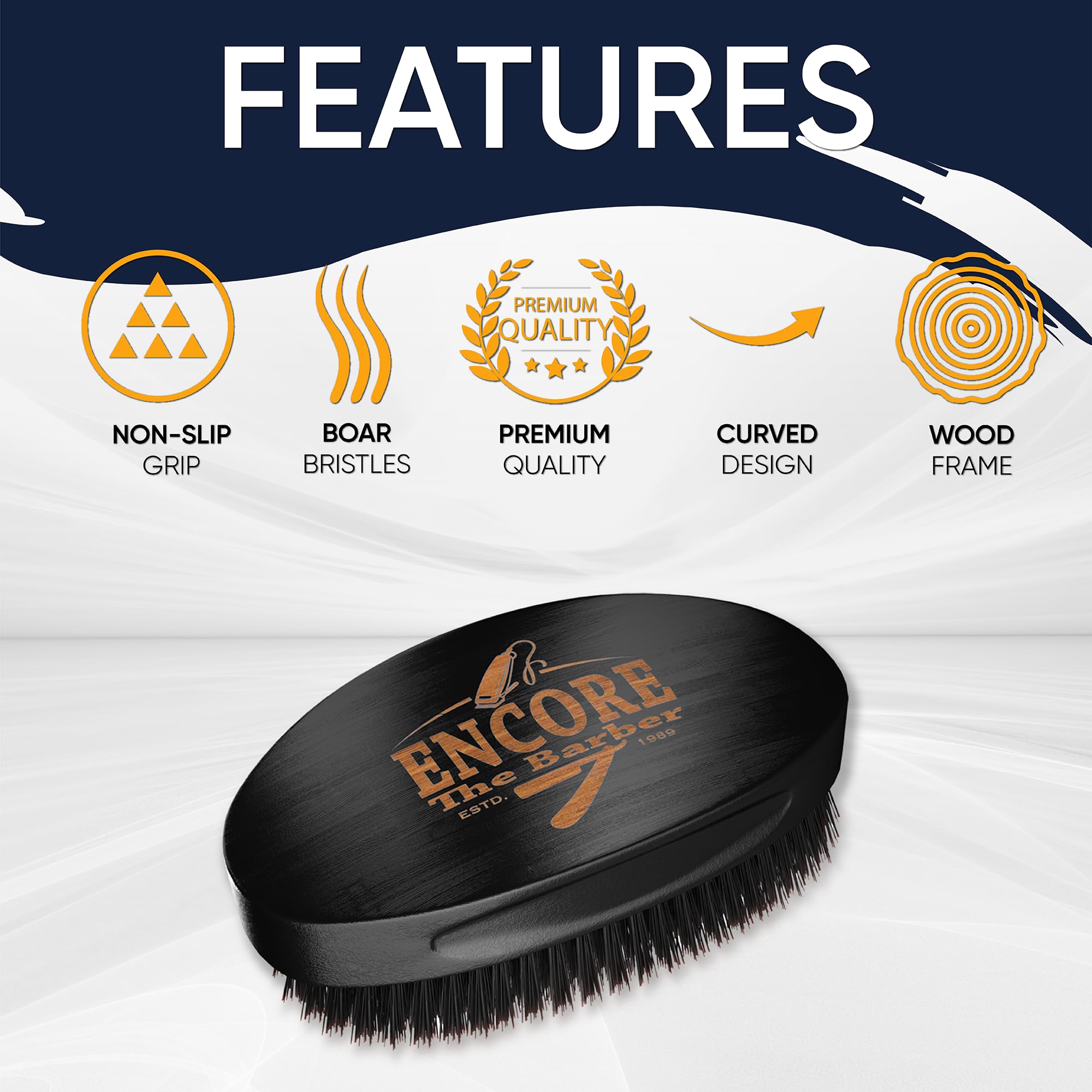 Encore The Barber 360 Wave Brush medium boar bristle | curved palm for men hair (Black)