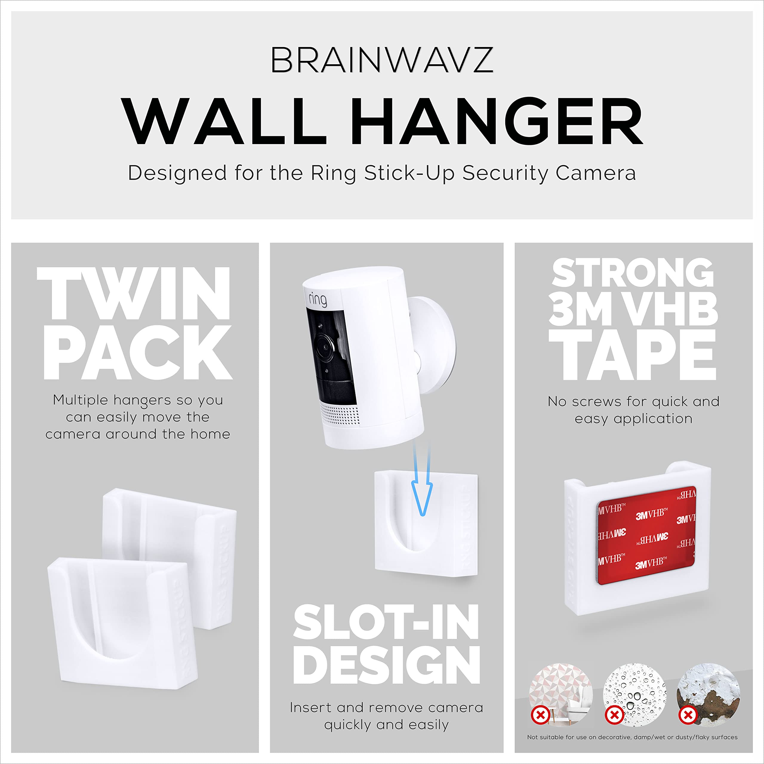 Corner Wall Mount for Stick Up Cam (2 Pack) Security Camera (Battery, Wired & Solar Versions) - Adhesive Holder, No Hassle Bracket, No Screws, No Mess Install (White) by Brainwavz