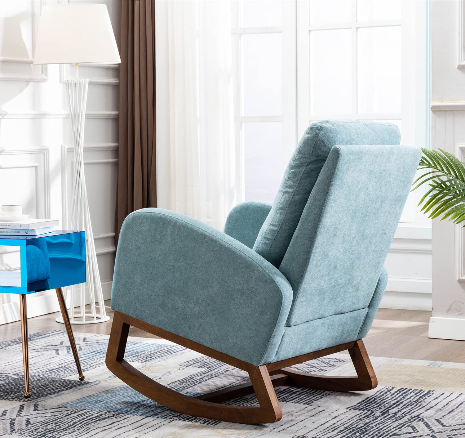 SmartDer Comfy Rocking Chair Nursery, Padded Rocking Chair with A Pocket, Accent Armchair with High Backrest and Solid Wood Base, Modern Lounge Living Room Chair for Nursery, Lake Blue