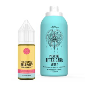 base laboratories piercing aftercare - piercing bump treatment kit | keloid bump removal oil + piercing aftercare spray for ears, nose, body(4oz) | piercing cleaner saline solution spray 15ml + 4oz