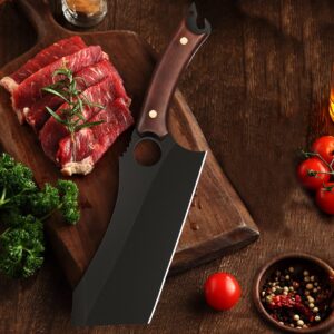 Meat Cleaver, 10 inch Black Meat Cleaver Boning Knife, Chef Chopping Butcher Cooking Knife, High Carbon Steel Sharp Kitchen Viking Knife with Sheath Gift Box Bottle Opener for Outdoor BBQ Camping