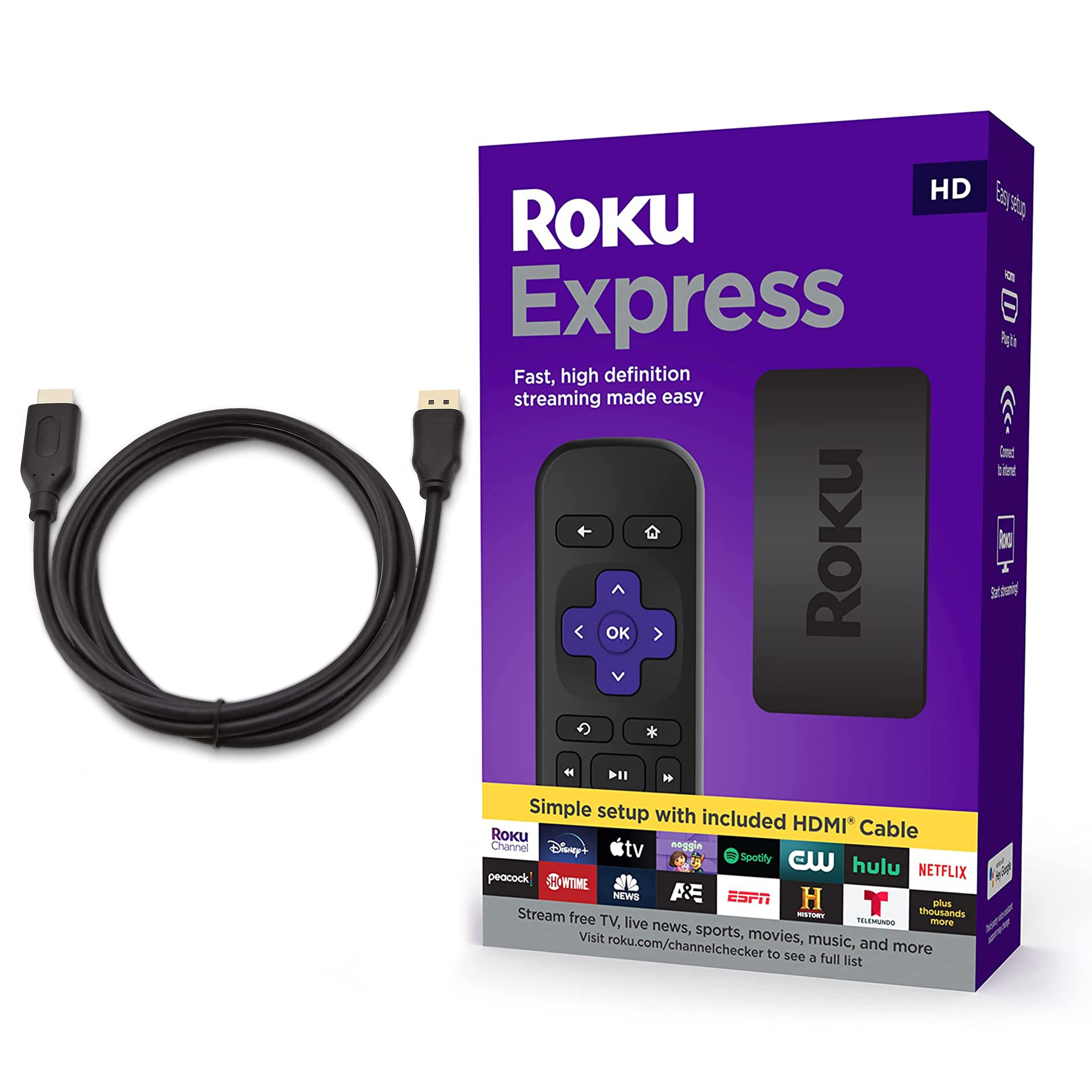 Roku Express HD Streaming Media Player with High Speed HDMI Cable and Simple Remote & Bundle Swanky Cables HDMI Cable