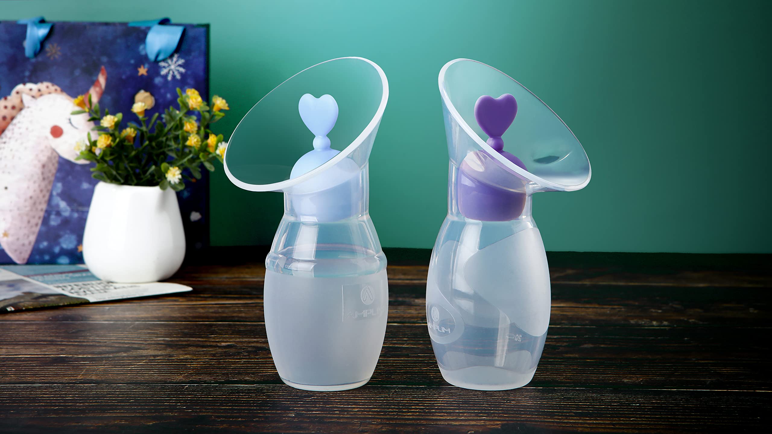 Amplim 2-Pack Food Grade Silicone Breast Milk Collector 4oz/100ml | Manual Breast Pump with Breastfeeding Milk Saver Stopper | FSA HSA | BPA PVC Lead and Phthalate Free | Blue