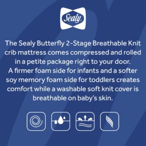 Sealy Baby Butterfly 2-Stage Breathable Waterproof Baby Crib Mattress & Toddler Bed Mattress, Washable Cover, Premium American Foam, GREENGUARD GOLD Certified for Safety, Made in USA, 52"x28"