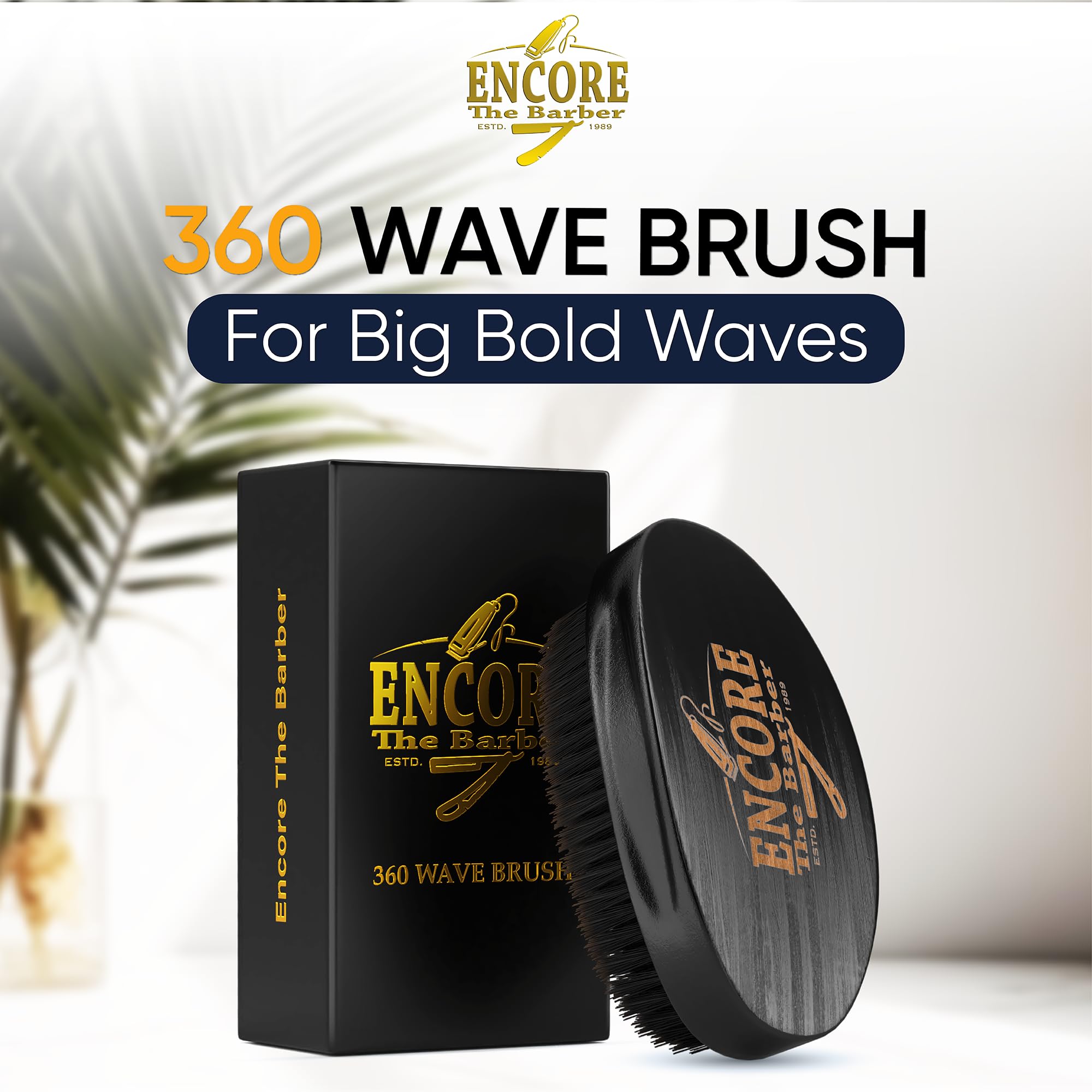 Encore The Barber 360 Wave Brush medium boar bristle | curved palm for men hair (Black)