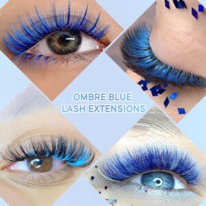 Colored Lash Extensions 0.07 D Durl 14mm Ombre Blue Lash Extensions 14mm-16mm Easy Fan Volume Lash Extensions C/D Curl Color Lashes Extension Ombre Colored Lashes Extensions (Blue 0.07D 14)